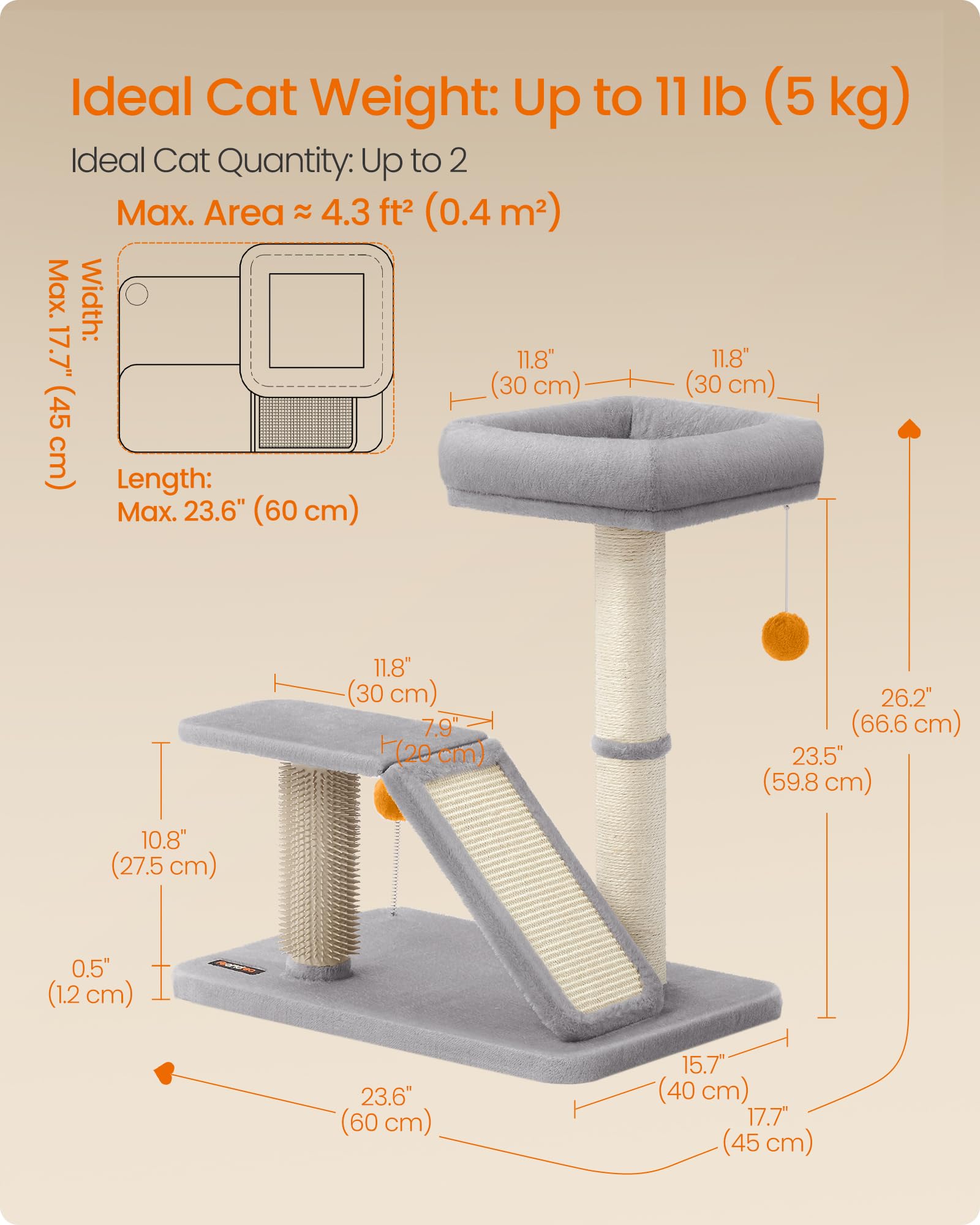 Feandrea Cat Scratching Post, Small Cat Tree Tower, Multifunctional Cat Scratcher with Self Groomer Brush, Rotatable Ramp, Pompoms, Cat Perch Bed for Indoor Cats, Light Gray UPCA024G01