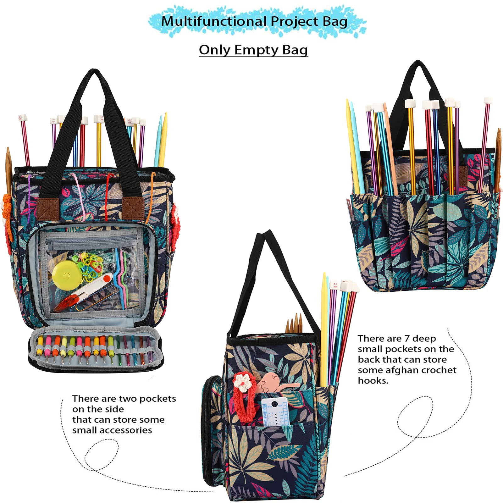 Looen Yarn Knitting Storage Tote-Large Capacity Crochet Organizer Portable Travel Bag With Shoulder Strap Crochet Hooks Case for Unfinished Bulk Project