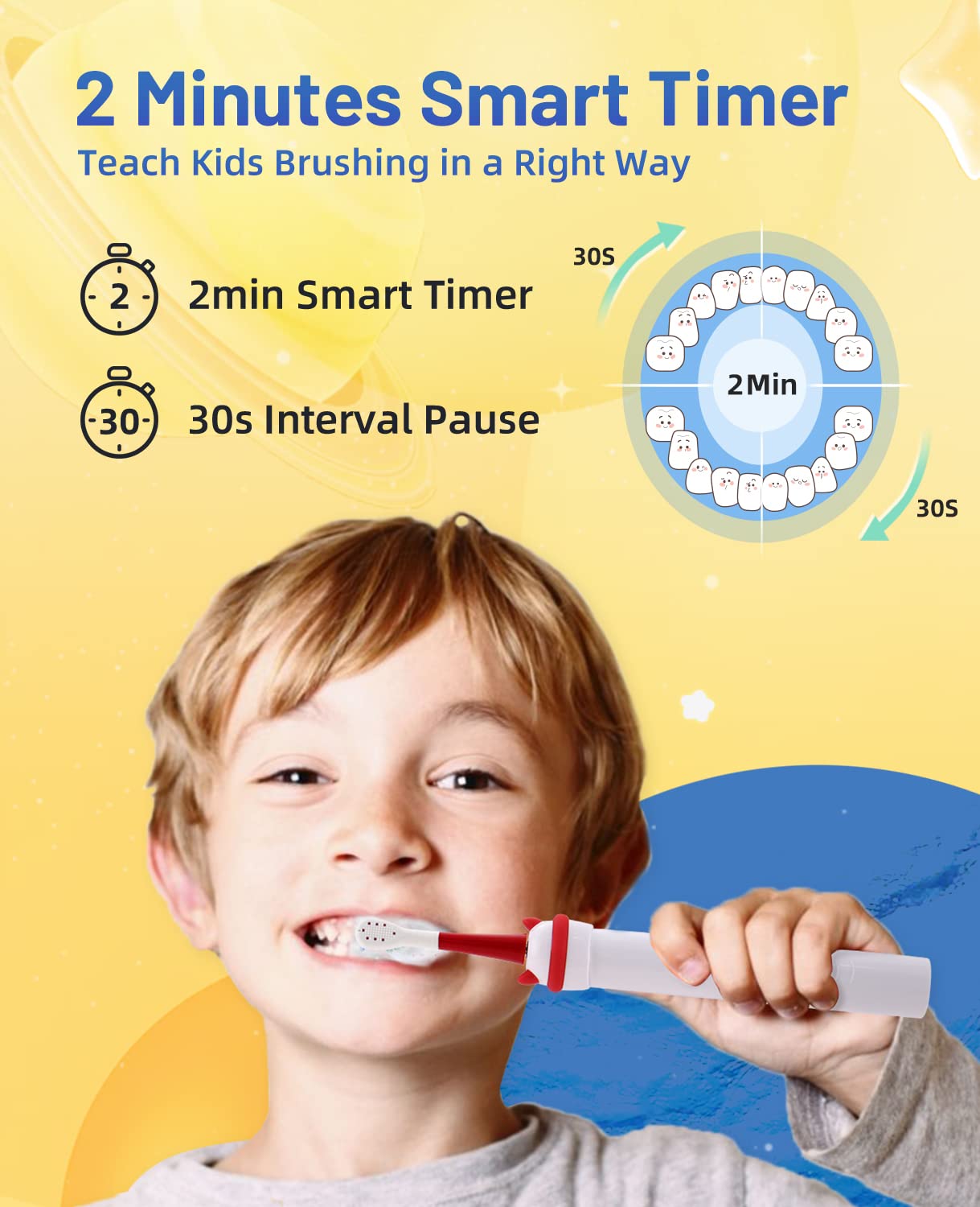 JTF Kids Electric Toothbrush-for Ages 3-12, Rechargeable Electric Toothbrushes, Wireless Fast Charge & Long Battery Lasting for 60 Days,with Smart Timer 3 Modes & 2 Kids Size Brush Heads, Red…
