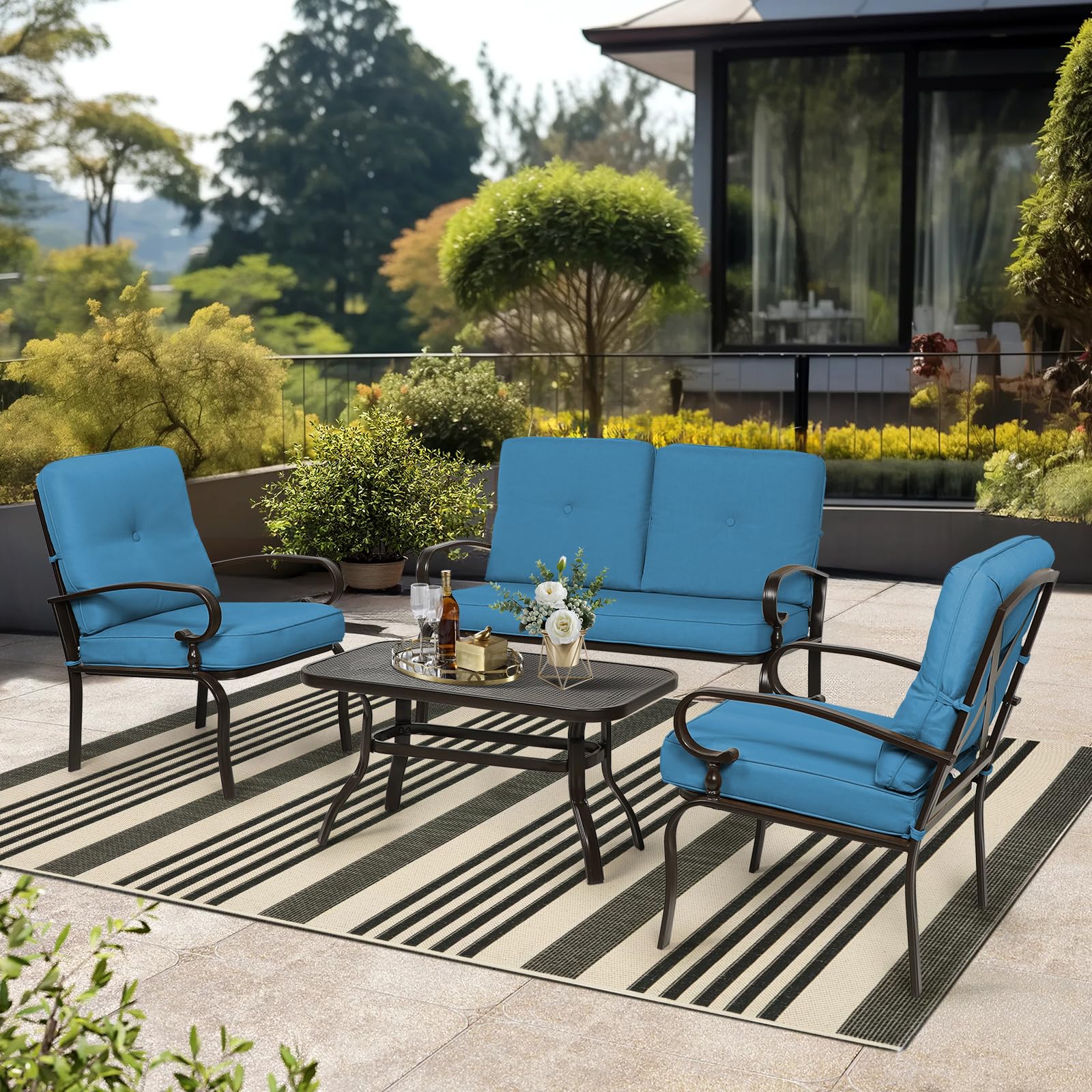 Oakmont 5Pcs Outdoor Furniture Patio Conversation Sets Loveseat, 2 Motion Spring Chairs with Coffee Table, Metal Frame Chair Set (Peacock Blue)