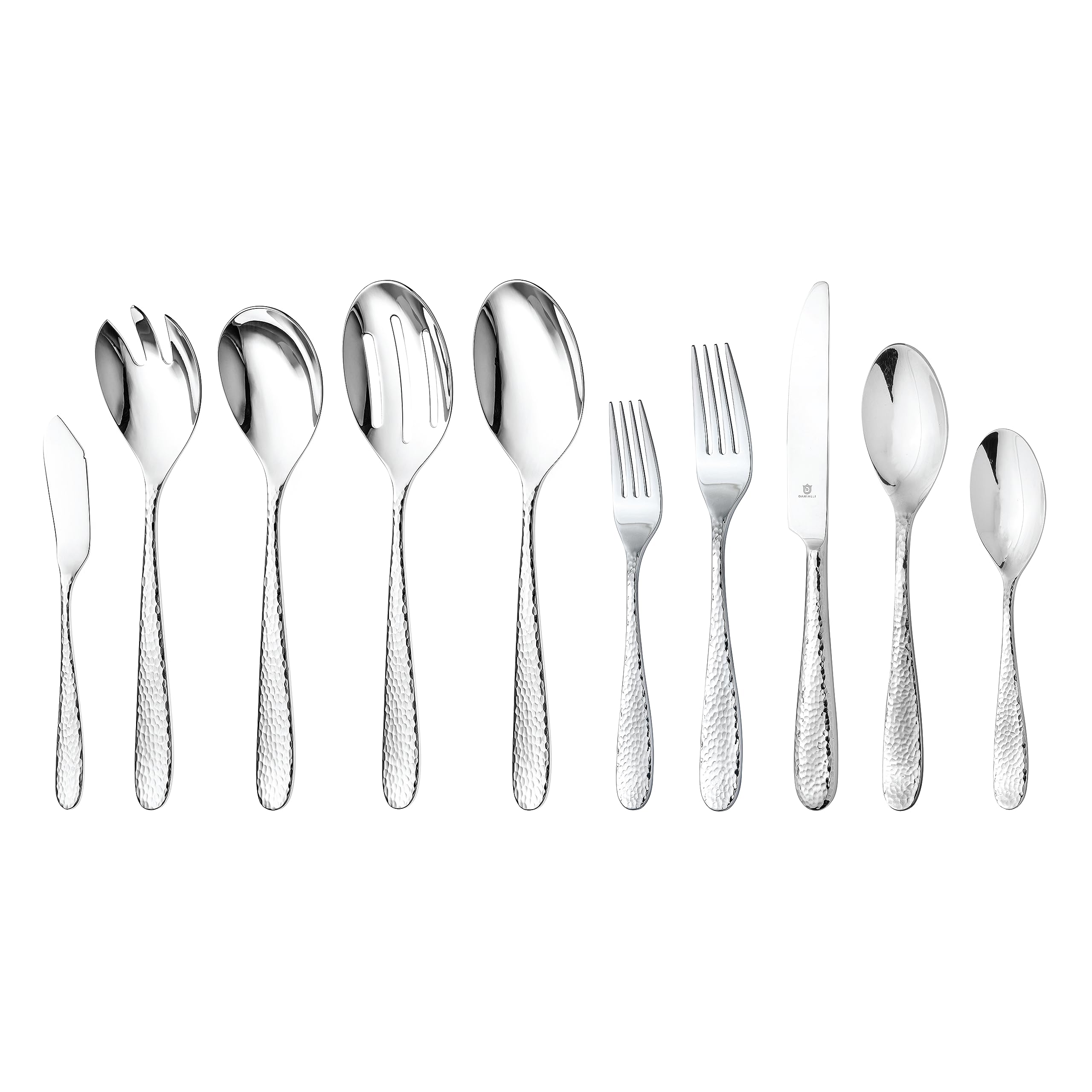DANIALLI 45 Piece Silverware Set For 8, Includes 5-Piece Hostess Serving Utensil Set, 18 10 Stainless Steel Silverware Set, Modern Fidenza Hammered Flatware Set,Mirror-Polished Dishwasher Safe Cutlery