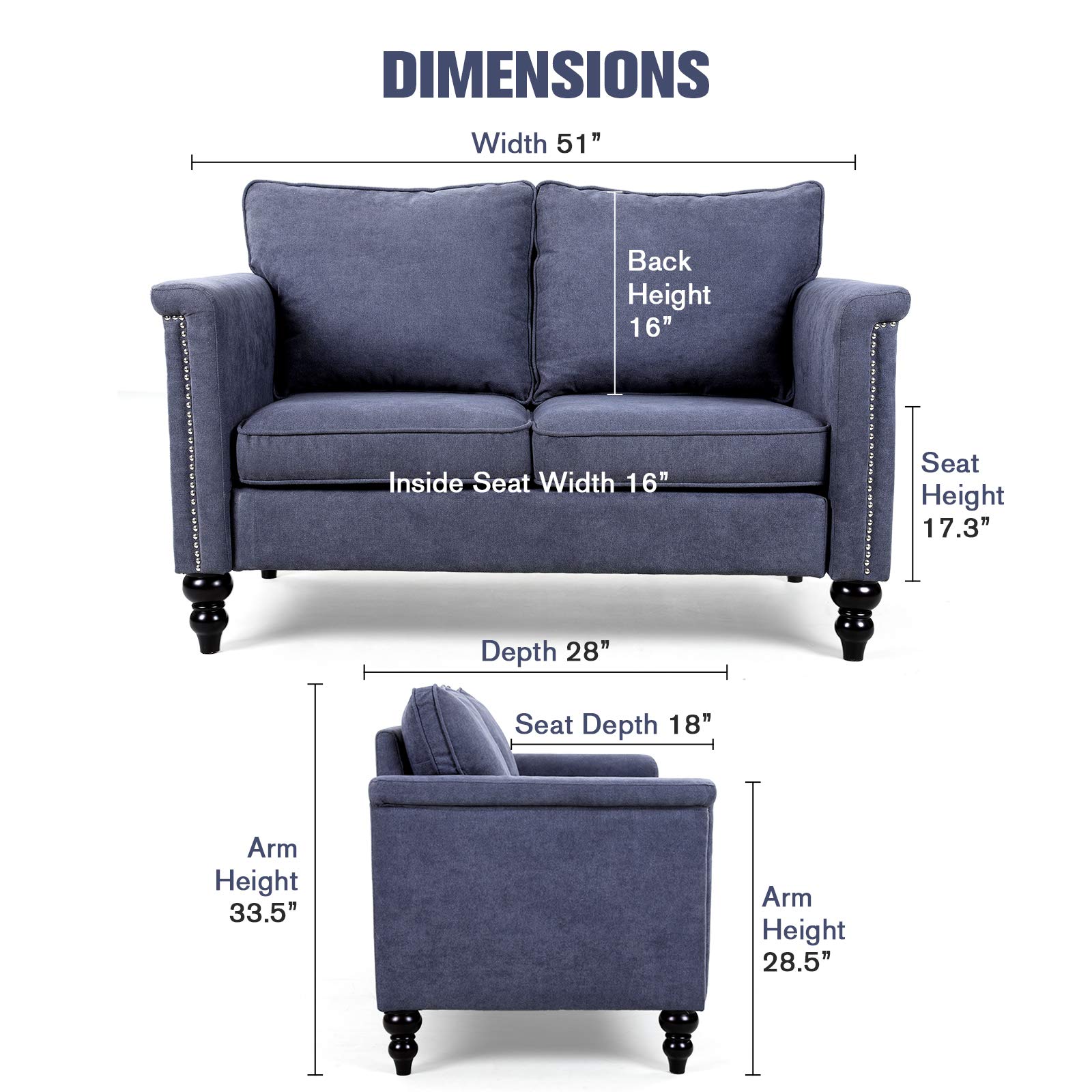 CUGBO Loveseat Sofa, Linen Modern Couch for Compact Living Space Bedroom Apartment Dorm Lounge Room Office Studio, Recliner w Removable Cushions Armrests Wood Legs (Blue Grey)