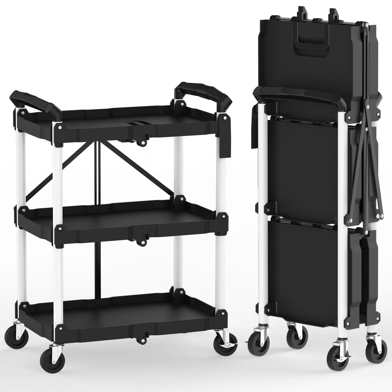 Gornoxblif Foldable Utility Service Cart, 3 Shelf 350LBS Heavy Duty Rolling Cart with Wheels, Portable Folding Tool Cart for Garages Warehouse Office Home (Black)