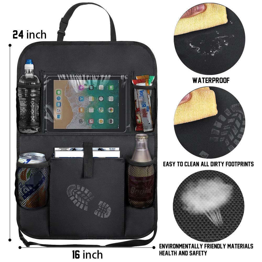 Car Seat Protector Back Seat Organizer with 10.5inch Tablet Holder, 5 Pocket Storage Car Seat Back Organizer Kick Mat Protector, Travel Accessories Organizer