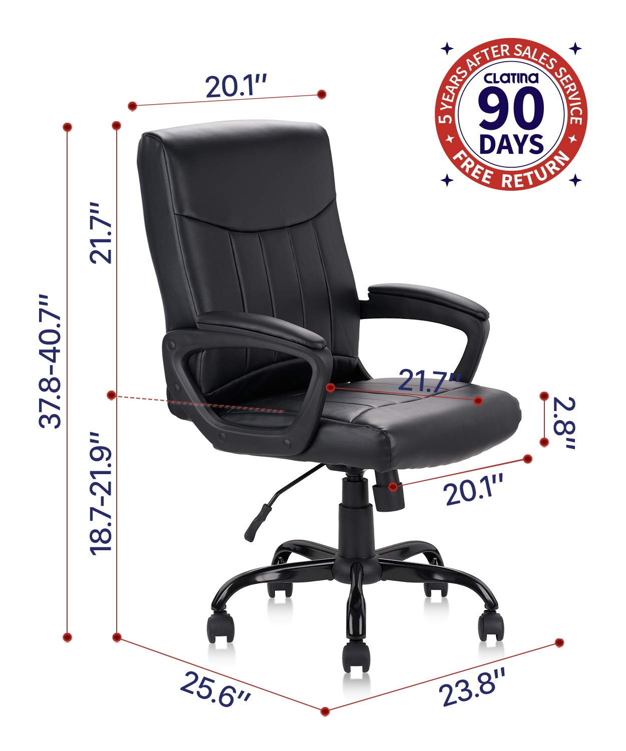 CLATINA Mid Back Leather Office Executive Chair with Lumbar Support and Padded Armrestes Swivel Adjustable Ergonomic Design for Home Computer Desk