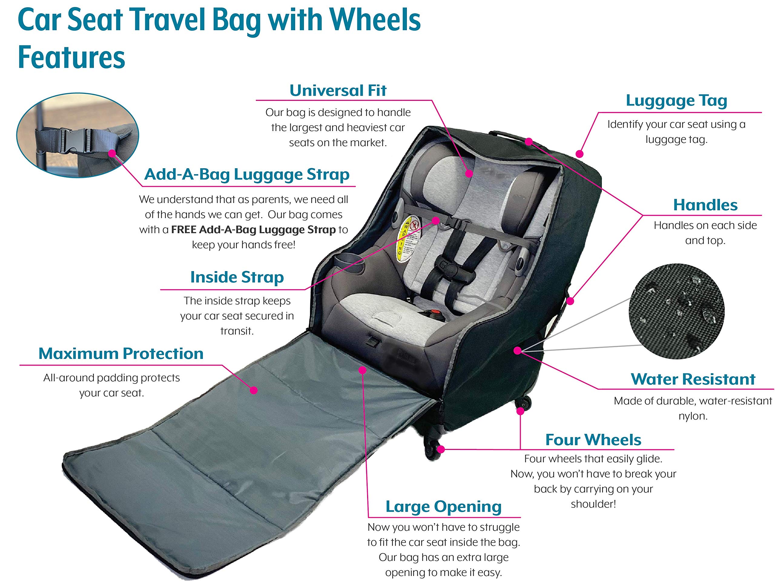Car Seat Travel Bag with Wheels by Hello Jolie | Includes Add a Bag Luggage Strap | All Around Padding for Infant or Convertible Carseat | Water Resistant (Navy)