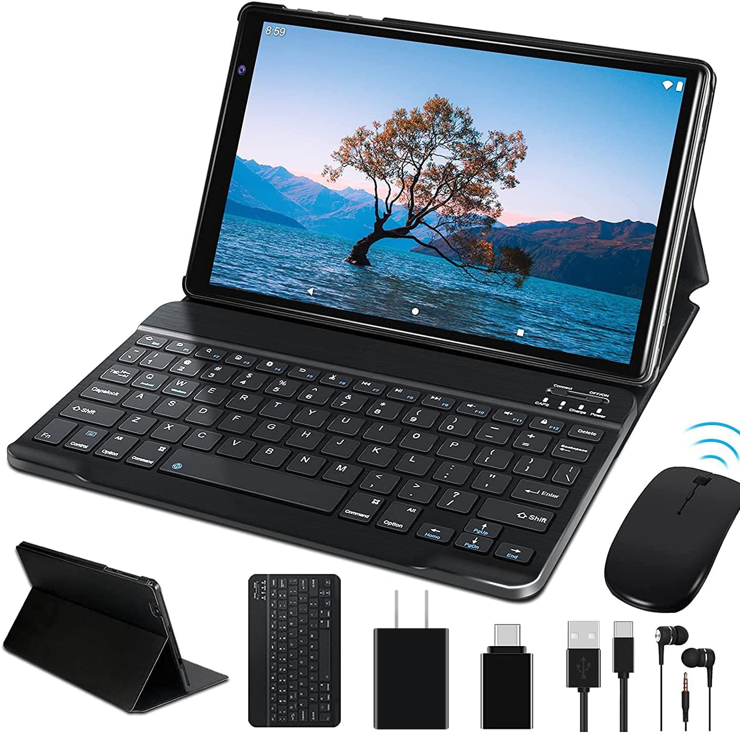 FACETEL 10 inch Tablet Android Tablet with Keyboard 2 in 1 Tablet 4GB RAM 64GB ROM TF 128 GB, 8000mAh, FHD, Dual Camera, WiFi Bluetooth Tablet with Mouse, Grey