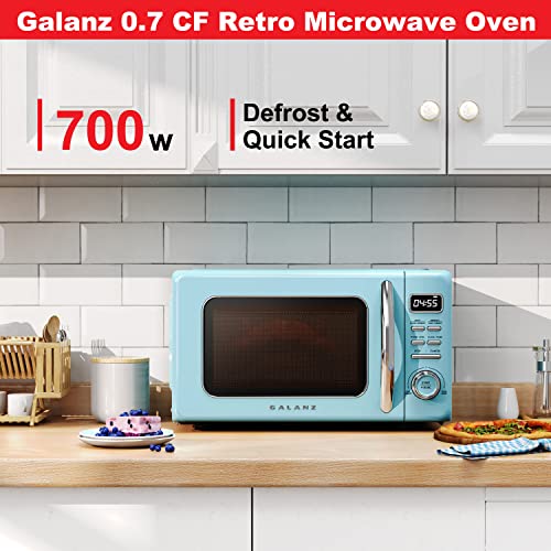 Galanz GLCMKZ07BER07 Retro Countertop Microwave Oven with Auto Cook & Reheat, Defrost, Quick Start Functions, Easy Clean with Glass Turntable, Pull Handle.7 cu ft, Blue