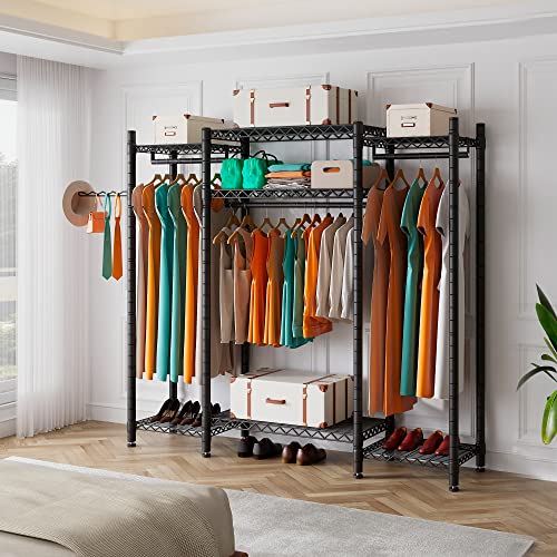 PUNION Clothing Rack Heavy Duty Clothes Rack, L Shaped Pro Garment Rack with 7 Shelves, Sturdy Metal Wardrobe Closet Rack for Hanging Clothes, 56" L x 14" W x 71" H, Max Load 520lbs, Black, GR7L