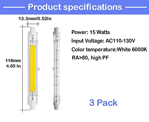 CTKcom 118mm/4.65In 15W White 6000K R7S LED Bulb (3 Pack) 110V T3 J Type Halogen Bulb Replacement 150W Halogen Bulb Equivalent Double Ended