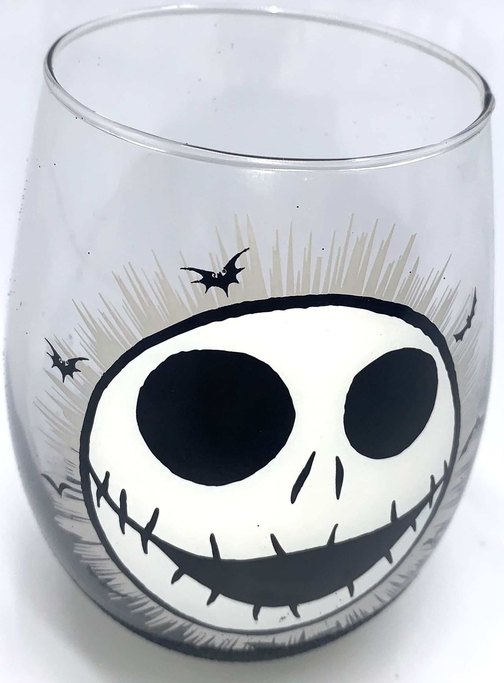 Disney Tim Burton’s The Nightmare Before Christmas Jack Skellington Face 20 Ounce Stemless Wine Glass with Glitter Base - Official Kitchen Collectible Novelty Drinkware Gifts