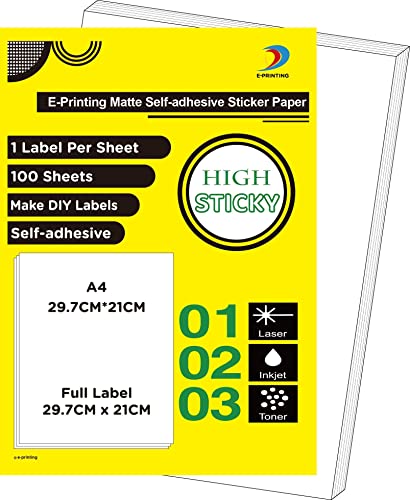 E-Printing Pack of 100 Sheets-High Sticky Printable Matte Self Adhesive Full Sheet A4 Sticker Paper/Label for Inkjet & Laser Printers