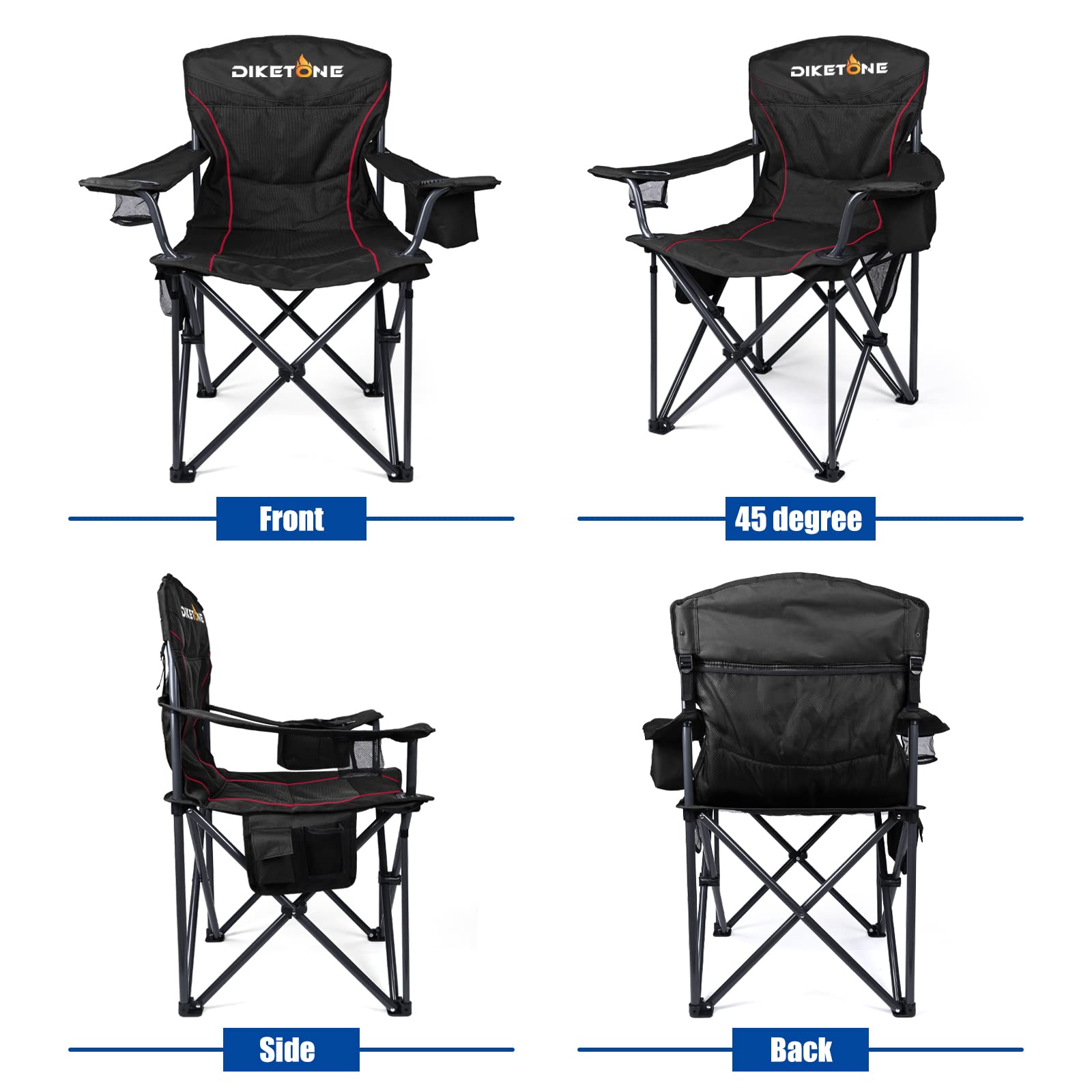 Diketone Camping Chairs for Adults Folding Camp Chairs with Cooler Bag Padded Camping Chairs for Heavy People Outdoor Oversized Camp Chairs Heavy Duty Supports 606 lbs Black
