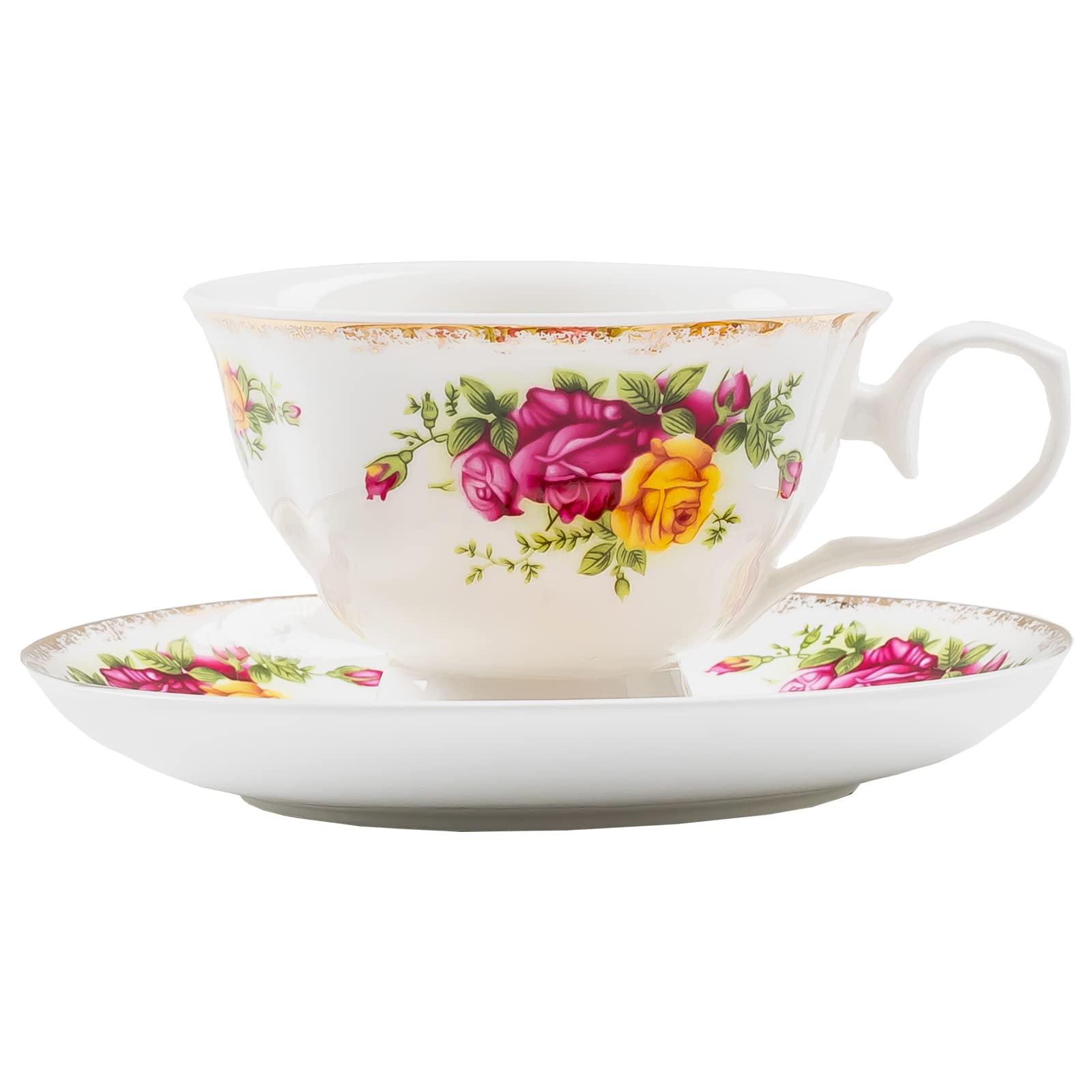 Daveinmic Porcelain Tea Cup and Saucer Set of One,Vintage Floral Tea Coffee Set,Include One Golden Color Metal Spoon (Rose)