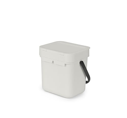 Brabantia Sort & Go Food Trash Can (0.8 Gal/Light Gray) Small Countertop Kitchen Compost Caddy with Handle & Removable Lid, Easy Clean