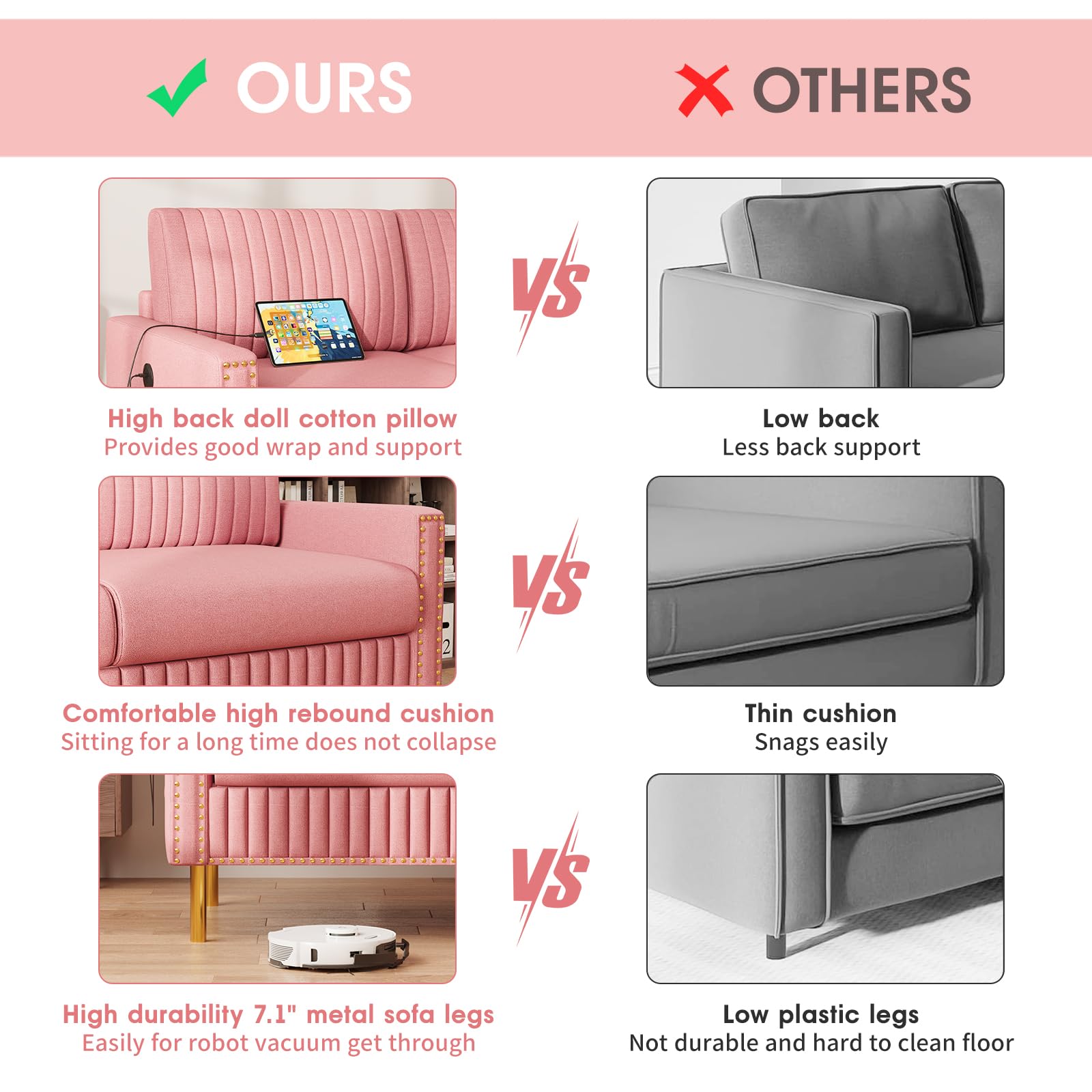 Fameill 65" Loveseat Sofa, Comfy Couch with Rivet Hemming, Mid Century Modern Couch with Deep Seat Soft Cushion, USB & Type-C Charging Port, Upholstered Small Couch for Bedroom, Living Room, Pink