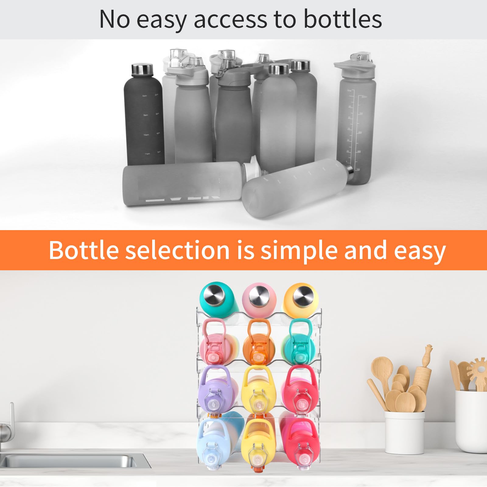 clbutge Water Bottle Organizer for Cabinet, 4 Pack Stackable Water Bottle Storage Rack, Kitchen Pantry Organization and Storage Shelf, Wine Drink Water Bottle Cup Holder for Fridge, Kitchen, Desktop