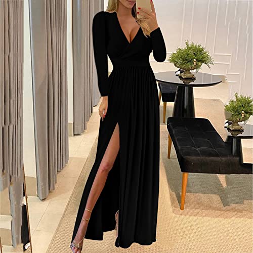 Deep V-Neck Maxi Dress for Women Solid Color High Split Swing Dress Elegant Long Sleeve Evening Dress
