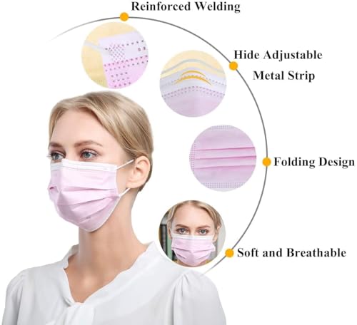 EBAT Pink Disposable Face Masks 50 PCS(1 Box),3-Ply Non-Woven & Melt-Blown Fabric,High Filtration Ventilation Security Hygiene Protection for Adults Women (Other Color-Style-Quantity Available)