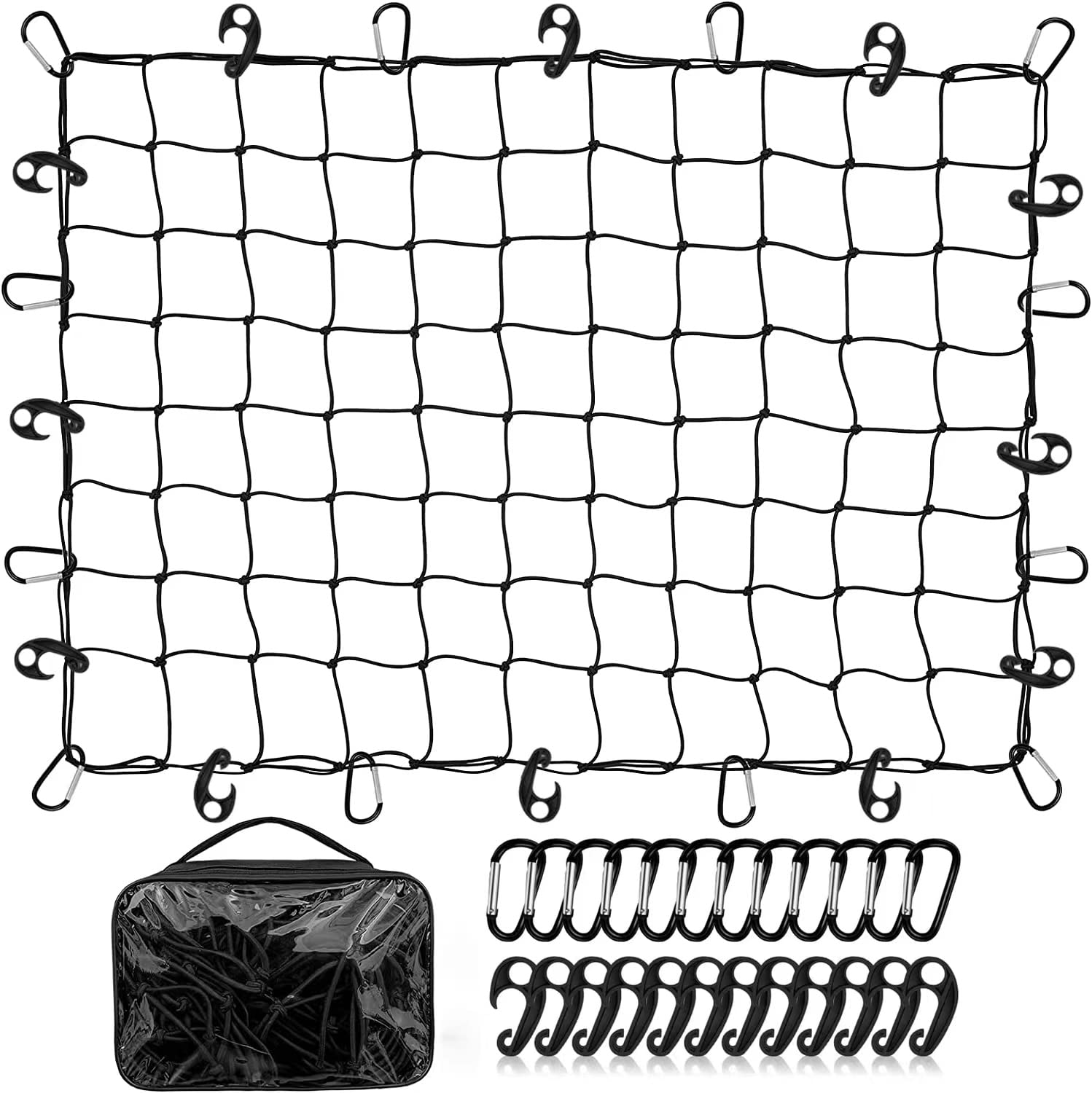 Cargo Net for Pickup Truck Bed - 4 x 6 Foot, Heavy-Duty, Mesh Square Bungee Netting with 12 Black Clips and Storage Bag - Holds Small and Large Loads (3'x4')