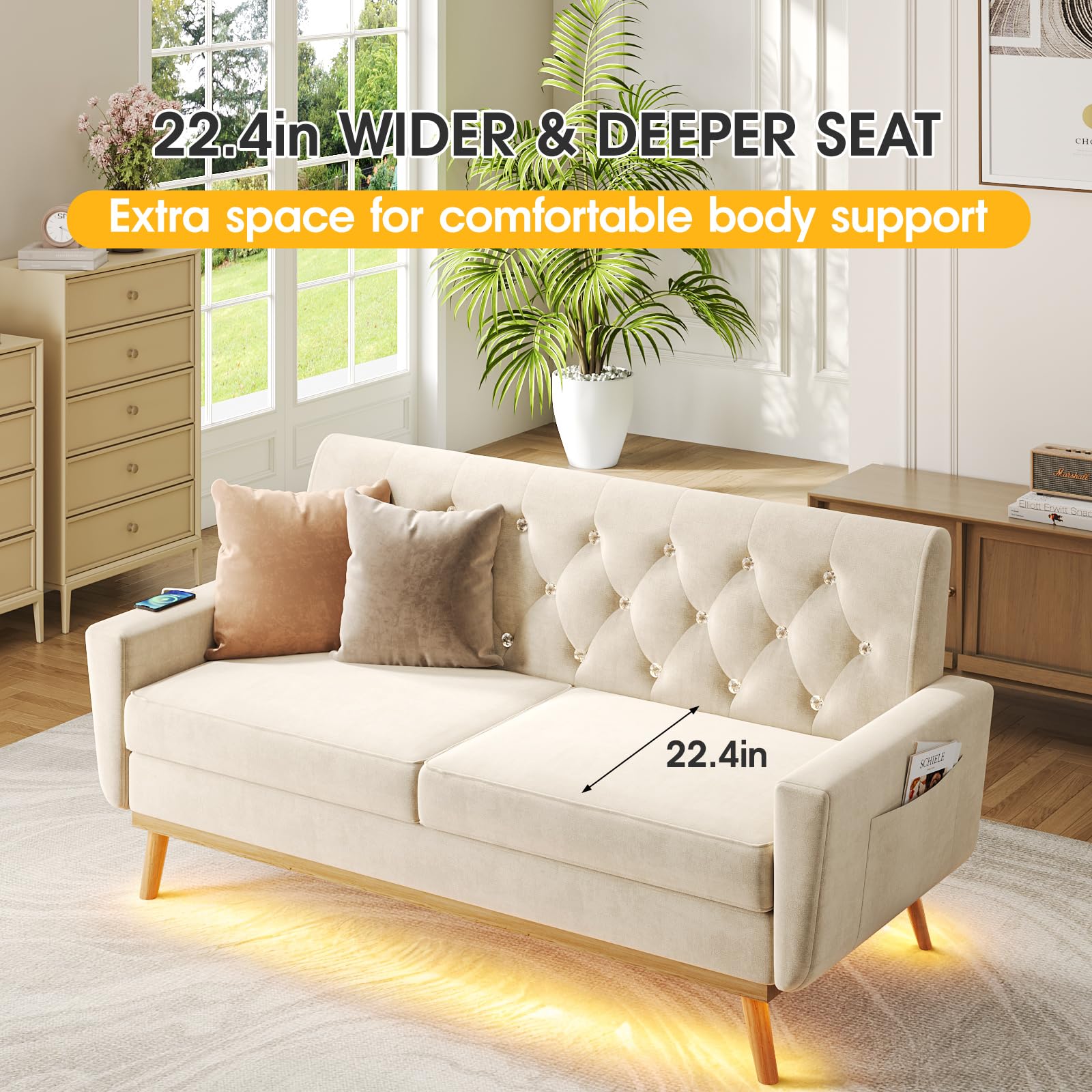 Fameill 65" Loveseat Sofa Couch, Mid Century Modern Love Seat Small Couch with Soft Cushion, LED Light, Crystal Button Tufted, Upholstered Comfy Small Couch for Living Room, Bedroom
