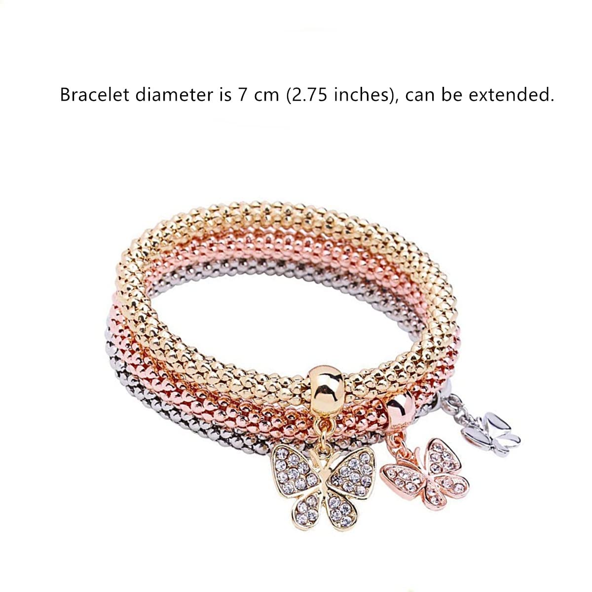 Corn Chain Bracelet, Crystal Multilayer Charms Stretch Bracelet, Butterfly Bracelet, 3PCS Gold/Silver/Rose Gold Corn Chain Bracelet for Women
