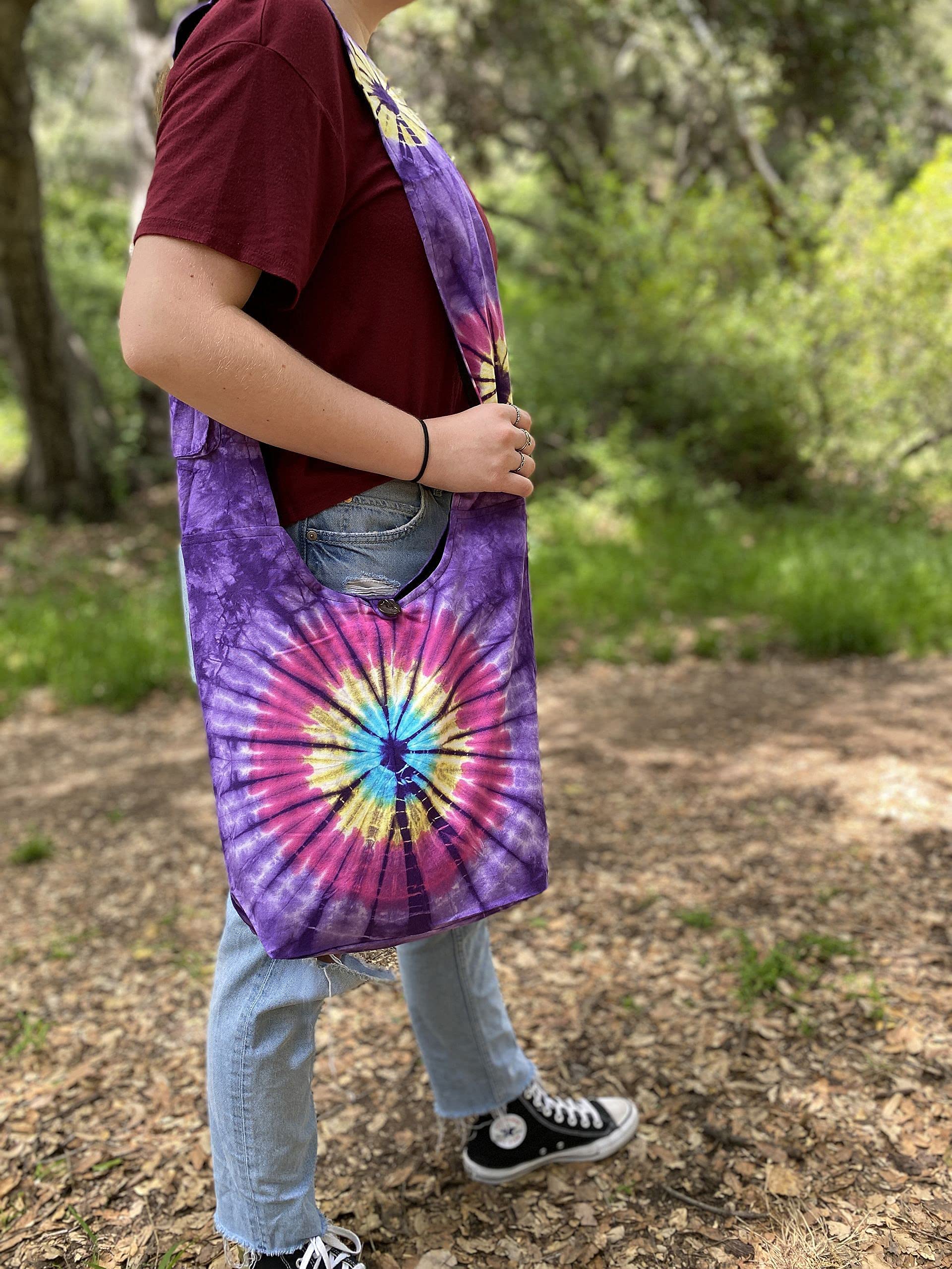 Tie Dye Crossbody Shoulder Hippie Boho Handbag Purse in Purple Large