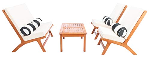 SAFAVIEH Outdoor Collection Chaston Natural and Beige 4-Piece Set with Black & White Pillows