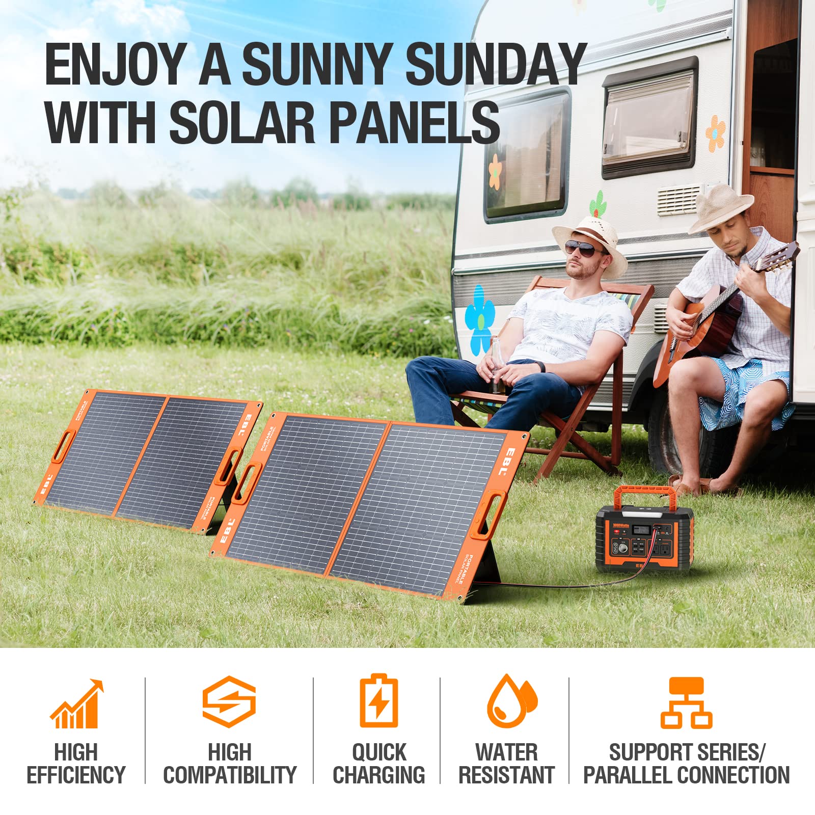 EBL Solar Apollo 100W Portable Solar Panel (Upgraded) for 240/300/500/1000/1500/2000 Power Station, with Adjustable Kickstand and Parallel Cable, Waterproof IP65 for Outdoor Camping Hiking RV Trip