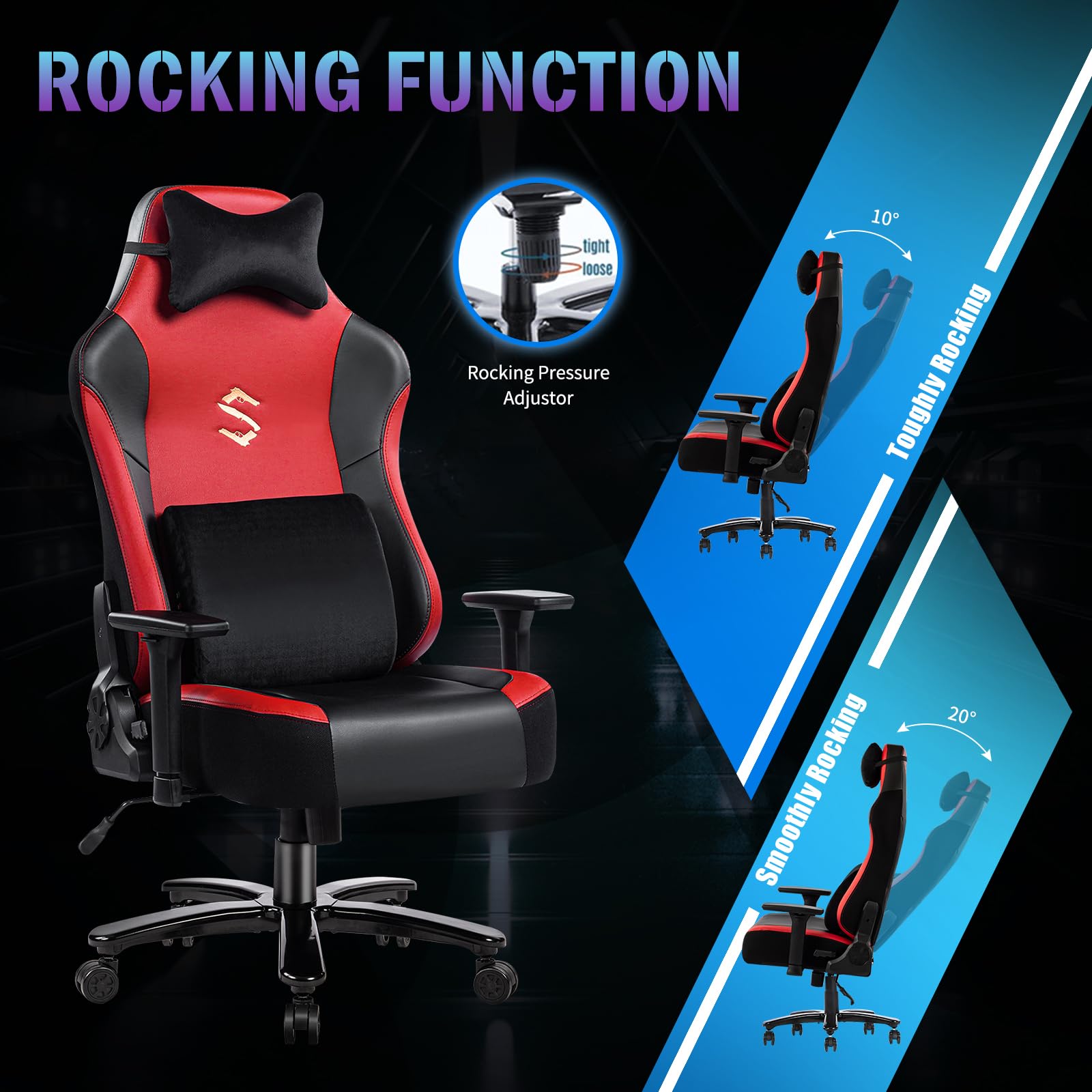 Fantasylab Big and Tall 400lb Massage Memory Foam Gaming Chair Adjustable Tilt, Back Angle and 3D Arms High-Back Leather Racing Executive Computer Desk Office Chair, Metal Base, Red