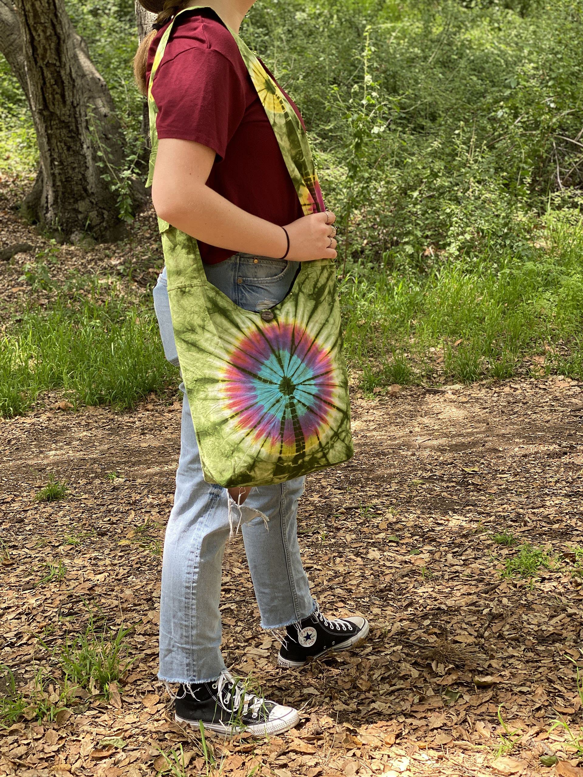 Tie Dye Crossbody Shoulder Hippie Boho Handbag Purse in Green Large