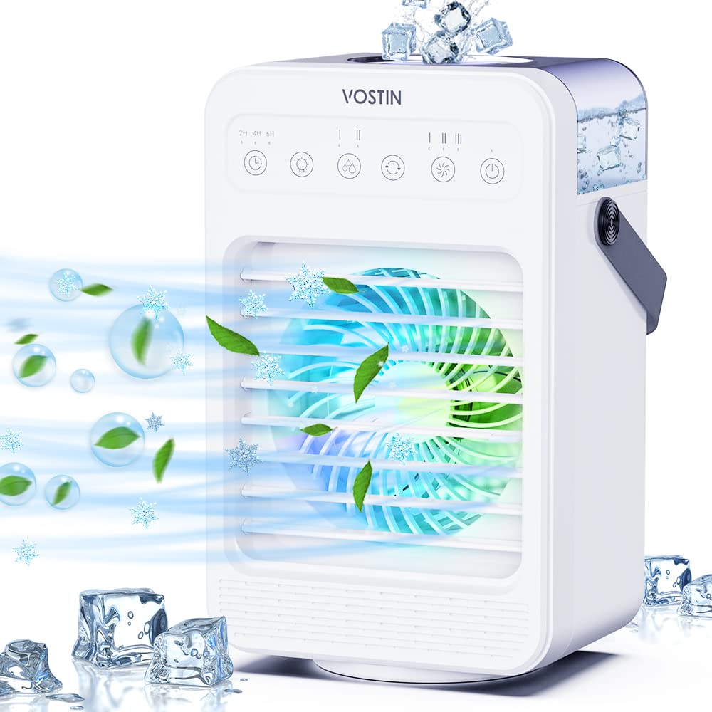 VOSTIN Portable Air Conditioner, 4 in 1 Personal Air Cooler, 4 Speeds Portable ac with 7 Colors Light, 2 Cool Mist & 2-6H Timer and 75° Rotation, Air Conditioner Portable for Room,Office,Camping