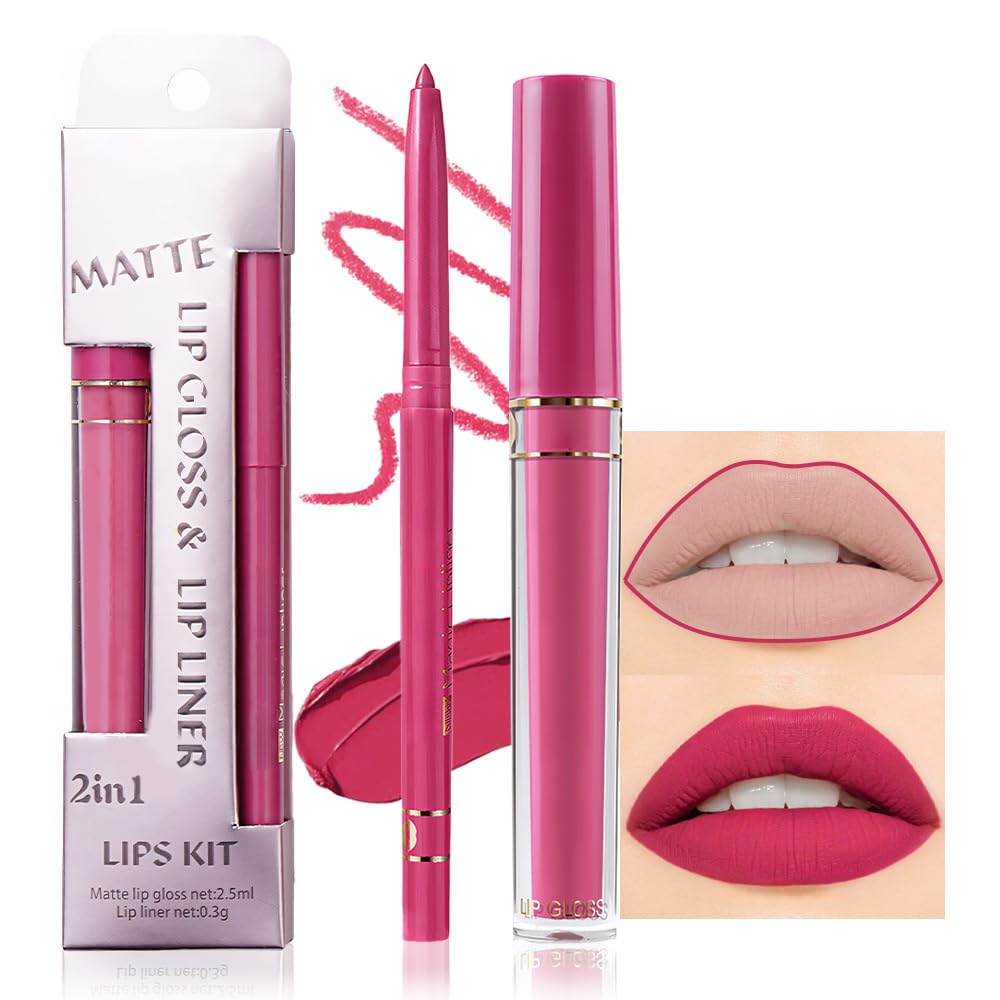 evpct 2Pcs Ruby Red Berry Matte Lip Liner and Lipstick Combo DNM Red Lip Gloss Stains Pencil Makeup Set Women Long Lasting 24 Hours Liquid Lipstick and Lip Liner Set labiales mate 24 horas originales