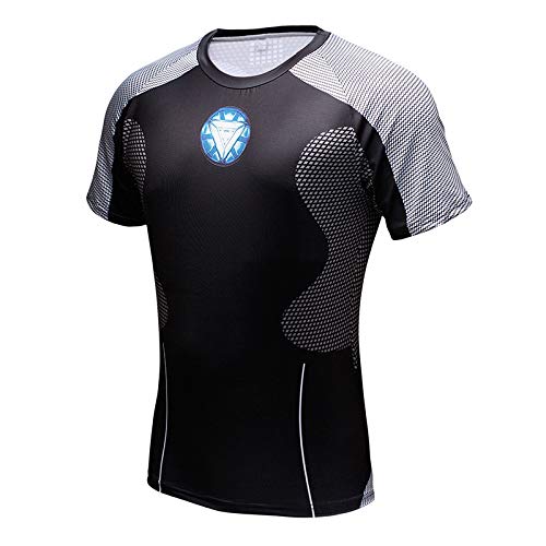 CoolMore mens Super Hero Compression Shirt Short Sleeve Sports Gym Runing Base Layer Wearing, Iron Man 1, Medium