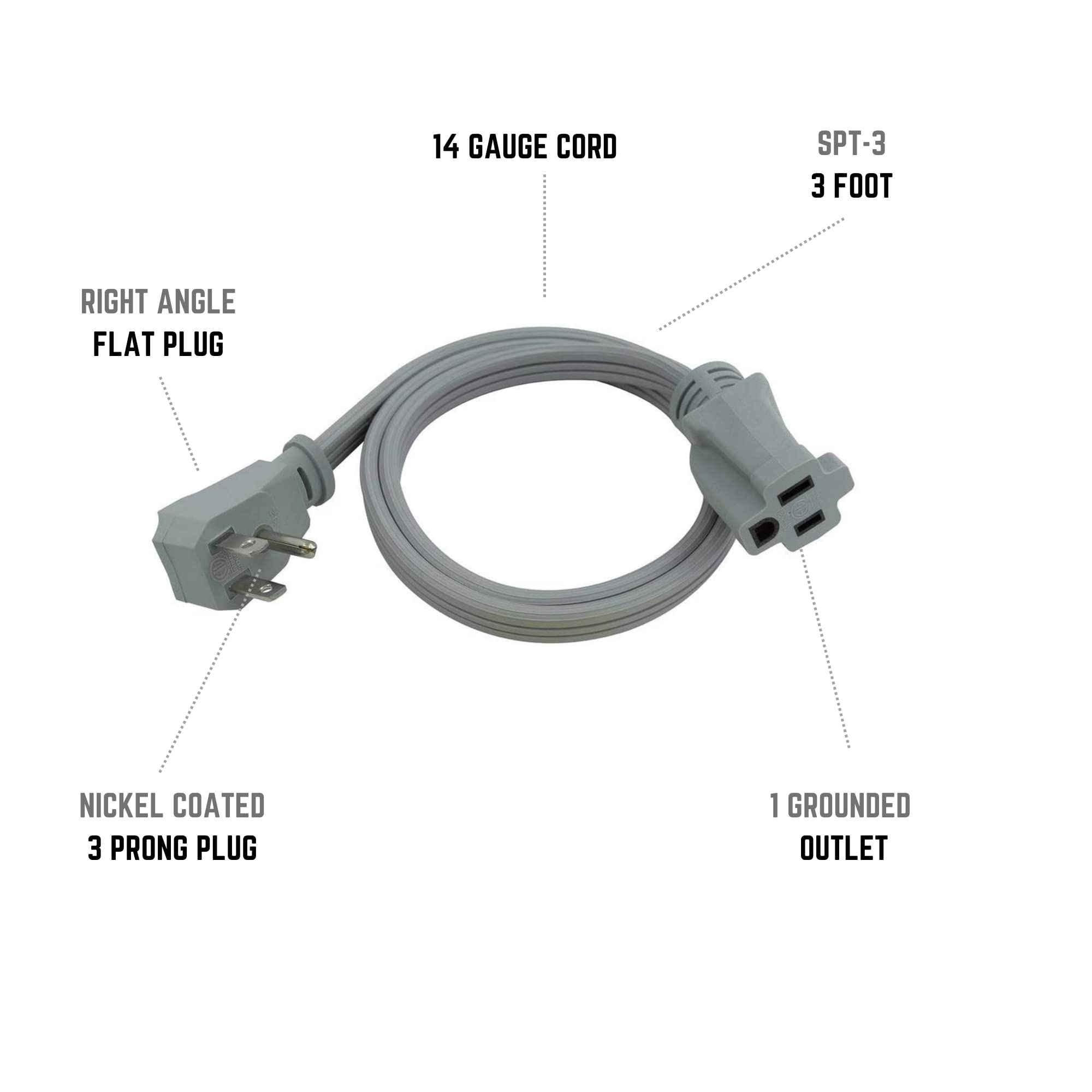 Clear Power 3ft 14/3 SPT-3 Air Conditioner Major Appliances Extension Cord, 3-Prong Grounded Right Angle Plug, Gray, CP10001