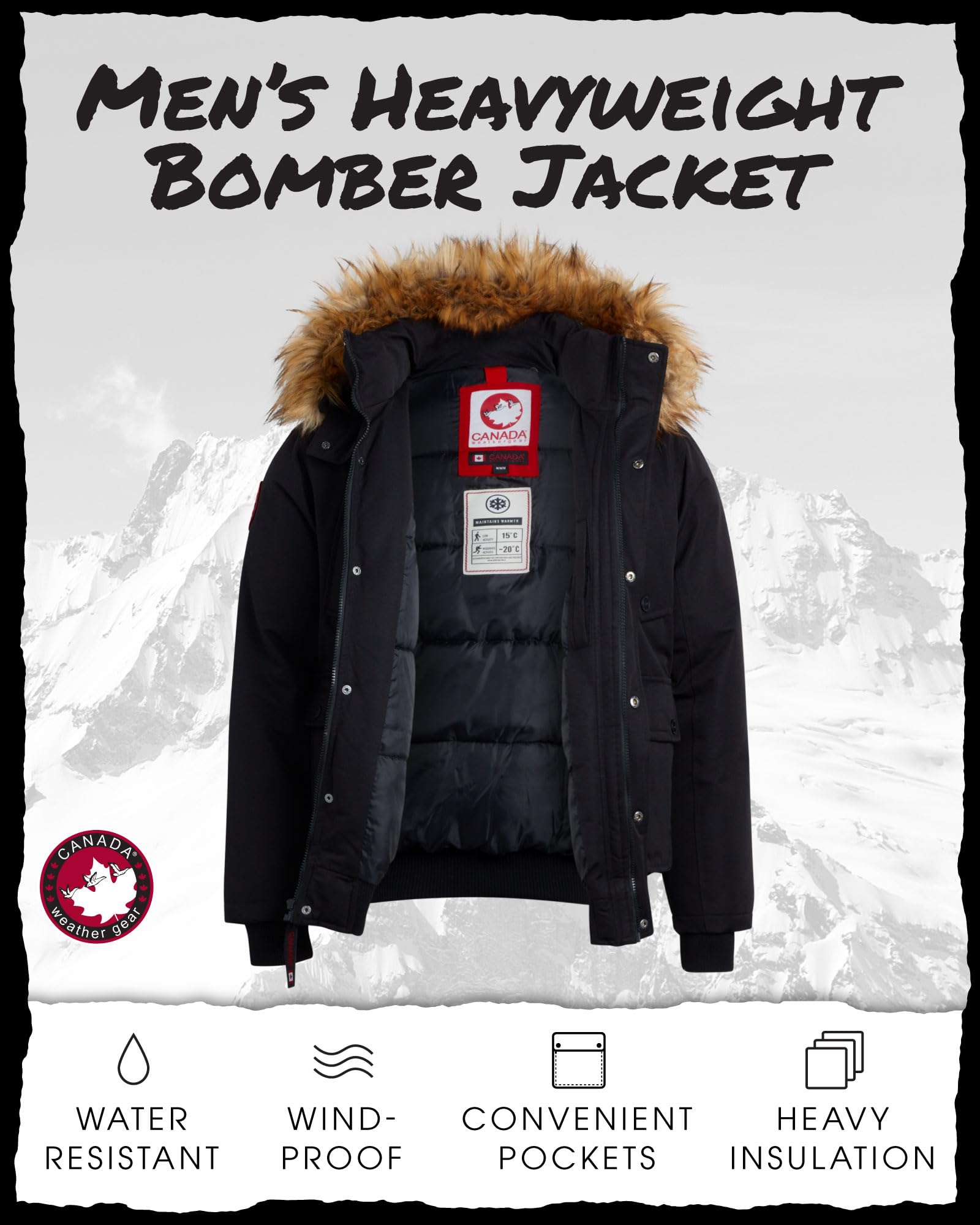 CANADA WEATHER GEAR Men’s Big & Tall Winter Jacket– Heavyweight Bomber Parka Coat– Jacket for Big and Tall Men (M-5XL), Size Medium, Raven Black