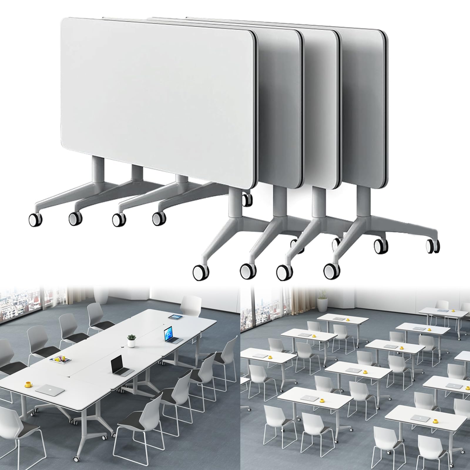 Conference Table Foldable Meeting Tables,4 Pcs Flip Top Mobile Training Table Modern White Portable Table with Silent Wheels Rounded Corner Design for Office,Meeting Room,Classroom (160 * 60 * 75)