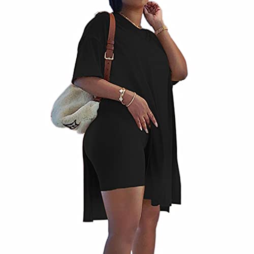 Difanlv Plus Size Womens 2 Piece Outfits Tracksuits Short Sleeve Tunic Tops Bodycon Shorts Sweatsuit Sets