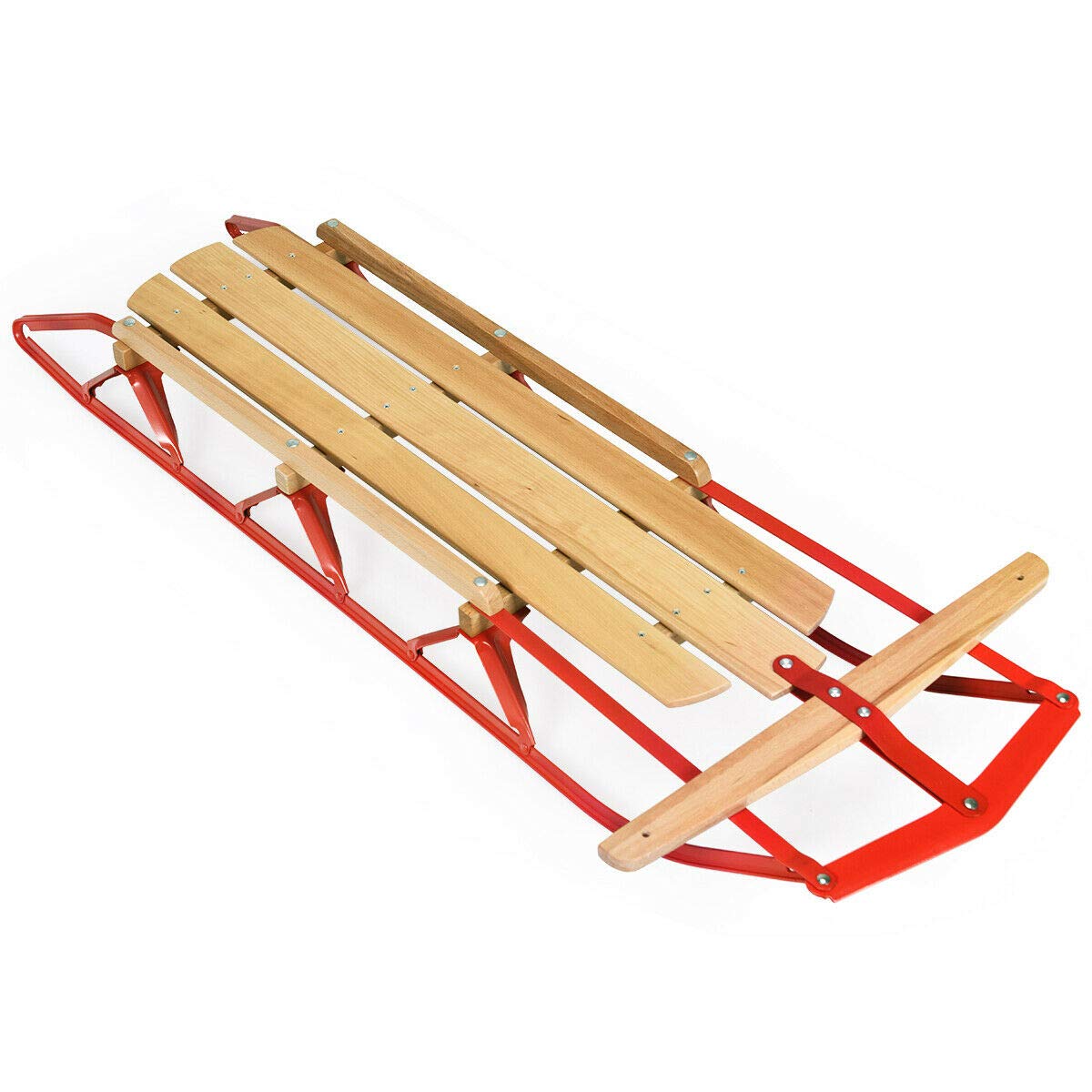 Caraya Vintage Design Steel Wooden Snow Kids Sled Winter Toboggan Board Skiing Rope Pad with Metal Runners and Steering Bar Steering Slider Outdoor 54 Inch