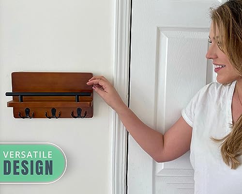 Comfify Natural Pine Wood Key Holder for Wall - Modern Decorative Finish with Metal Key Hooks and Mail Organizer/Sorter Slot - White