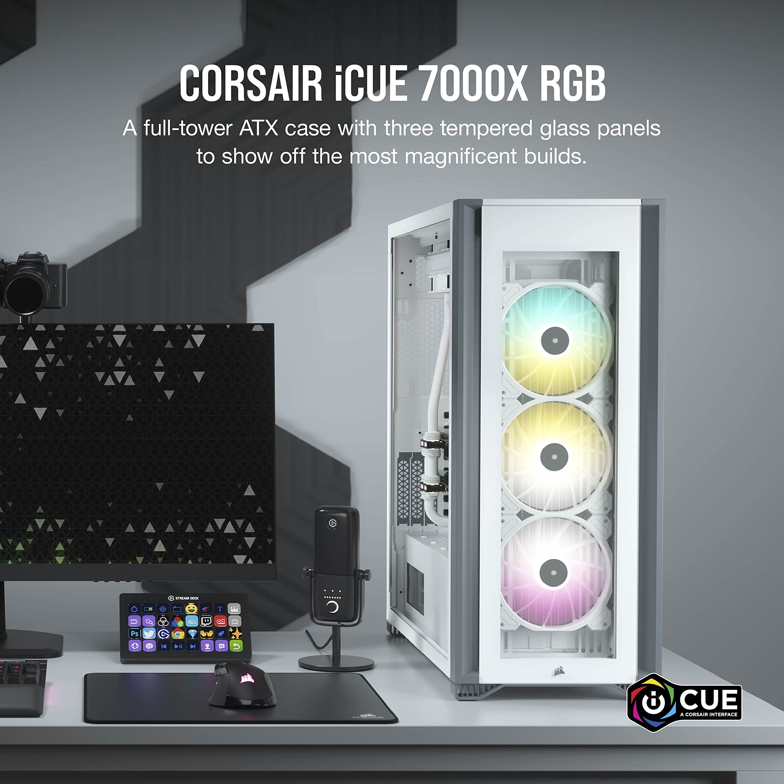 CORSAIR iCUE 7000X RGB Full-Tower ATX PC Case – Three Tempered Glass Panels – Spacious Interior – Easy Cable Management – 4x CORSAIR SP140 RGB ELITE Fans Included – White