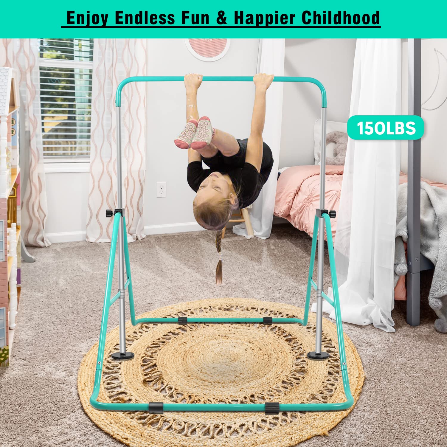 DING.PAI Expandable Gymnastics Training Bar with Free Rings, Adjustable Height Horizontal Bar Gymnastics Junior Training Bar Folding Training Monkey Bar for Kids (Green)