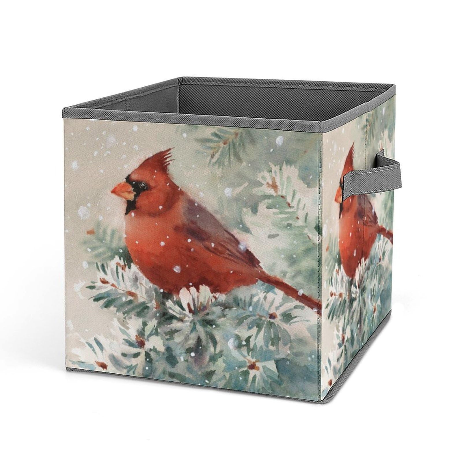 GemGam Collapsible Storage Bins for Shelves Clothes Closet Books Merry Christmas Bird Fabric Storage Containers Box with Double Handles Decorative 11 Inch Watercolor Winter Snow