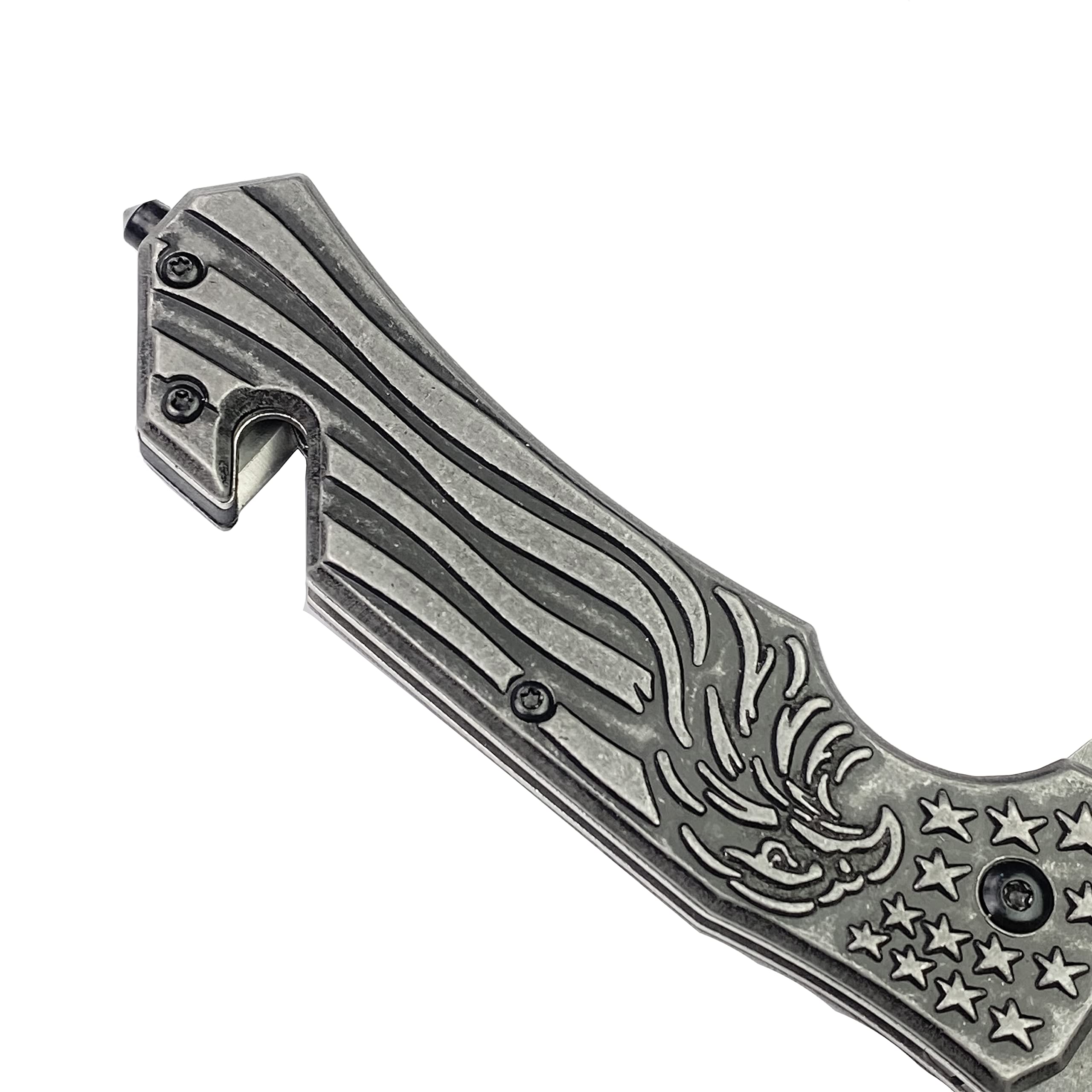Falcon 8" U.S American Flag Eagle Engraved Assisted Open Tactical Stainless Steel Folding Clip Point Knife with Seatbelt Cutter and Glass Breaker