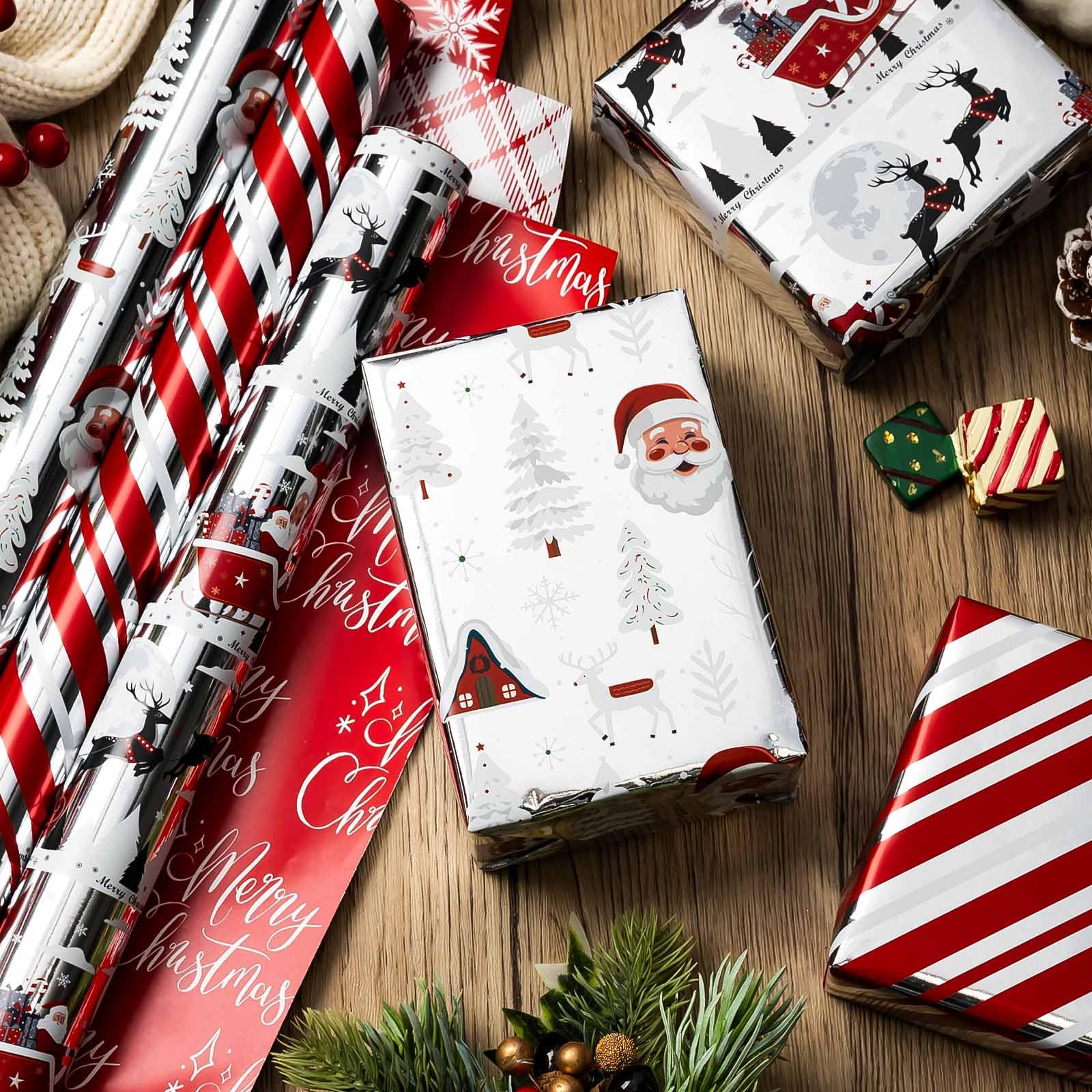 Homeral Reversible Christmas Wrapping Paper Roll - Metallic Shine Santa, Sleigh, Reindeer, Stripe, Plaid, Letterings, Snowflake for Christmas, New Year Celebration - 3 Rolls - 17 x 120 Inch Per Roll