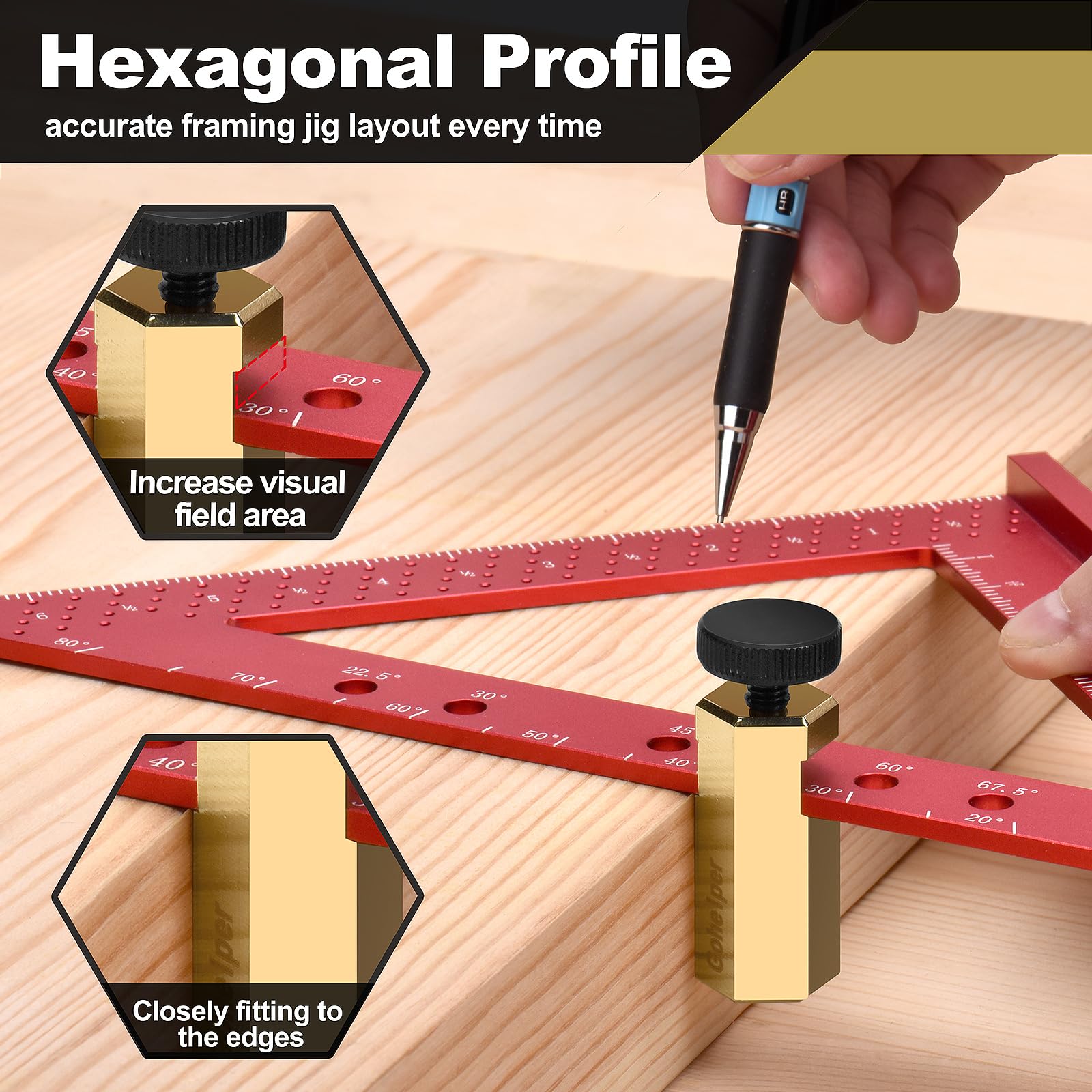 Brass Framing Square Stops, Stair Gauge set for Framing Square, Tall Heavy Duty Brass, Lengthen Hexagonal Brass body, Enlarge Knob for Carpentry Squares Stair and Rafter, Circular Saw