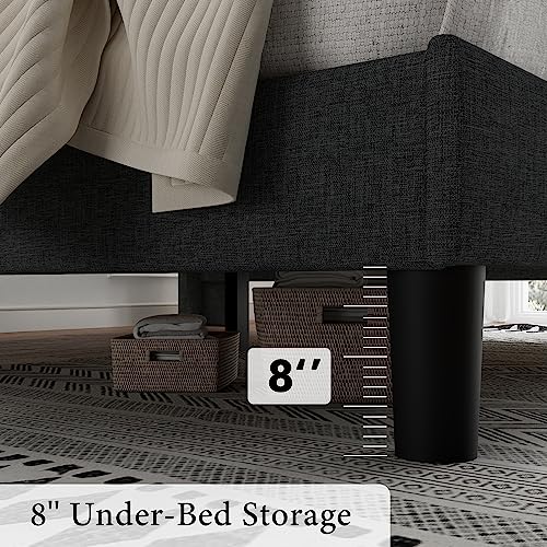 iPormis Full Size Bed Frame with Wingback, Modern Upholstered Platform Bed with 8'' Under-Bed Storage, Fabric Headboard, Wood Slats Support, No Box Spring Needed, Noise-Free, Easy Assembly, Dark Gray