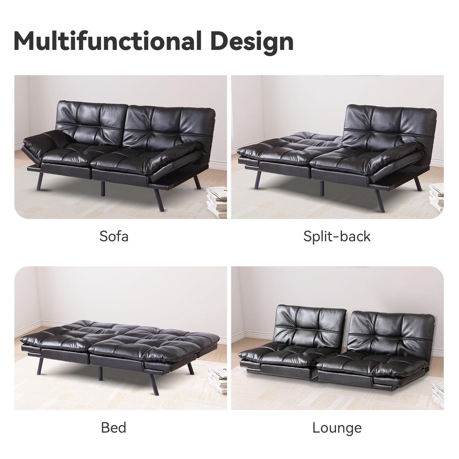 Erdoru Convertible Memory Foam Futon Sofa Bed Couch,Faux Leather Futon Sofa Couch,Sleeper Futons Sofa Bed,Small Splitback Modern Loveseat Sofa Bed for Living Room,Office,Apartment,Bright Black