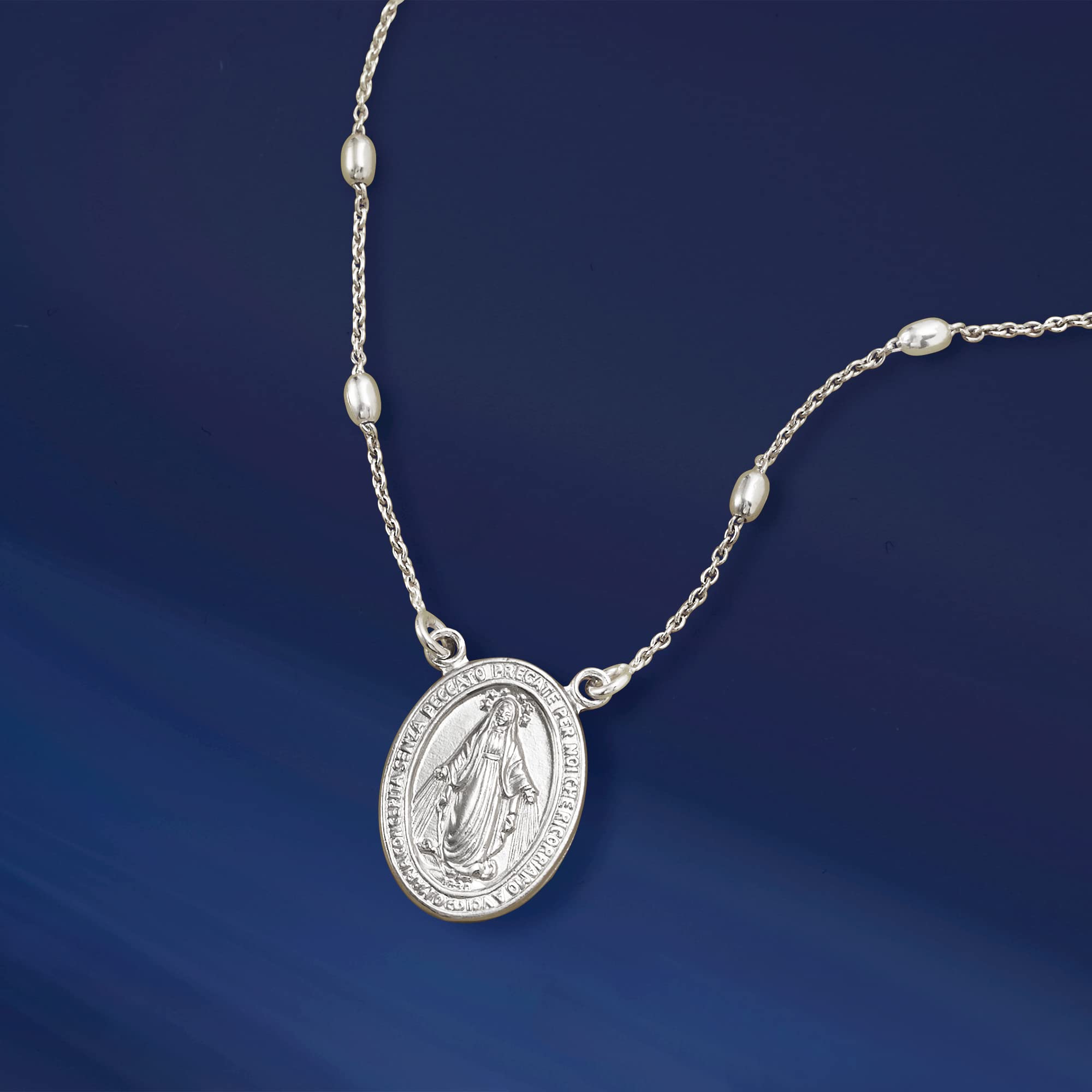 Ross-Simons Italian Sterling Silver Miraculous Medal Bead Station Necklace. 16 inches