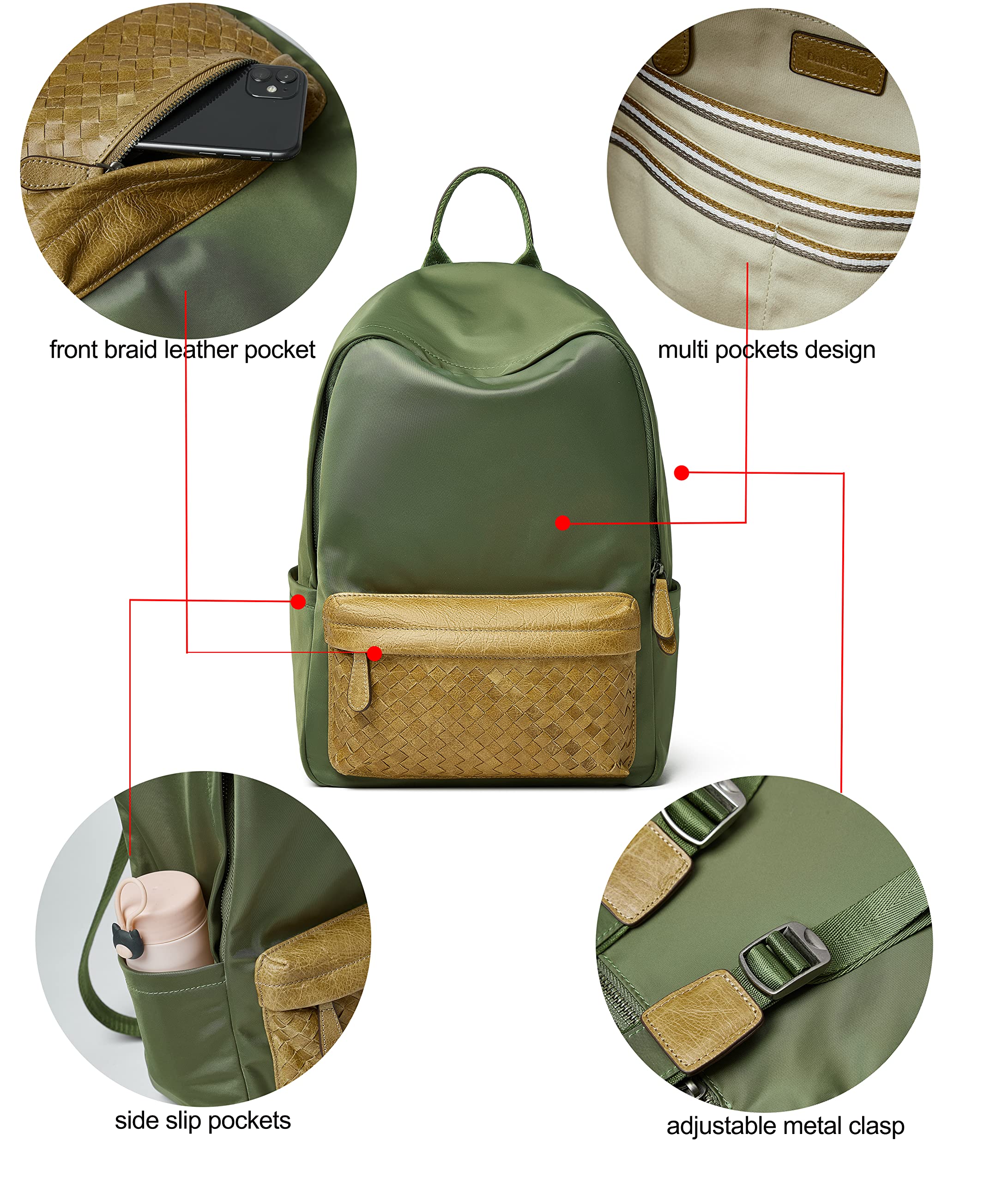 Daiblueland Casual Daypack Backpack For Women Unisex Large Lightweight Travel Rucksack With Leather Pockets(Army Green) (BACK-001)